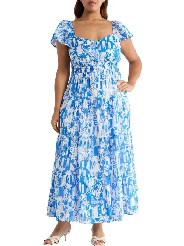 SUGARLIPS Nala Tiered Smocked Maxi Sundress - White-blue