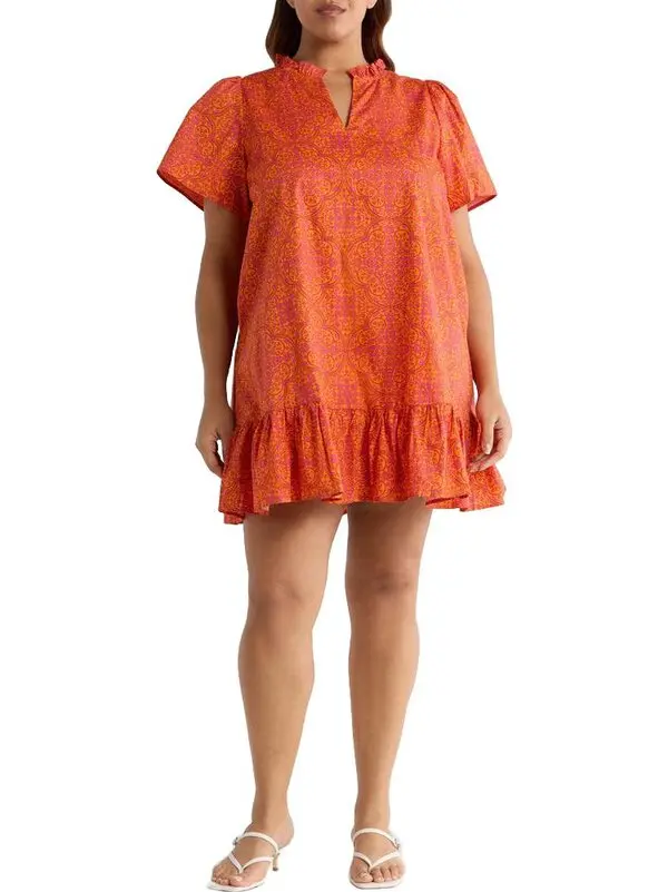 SUGARLIPS Floral Print Cotton Minidress - Flame-orange