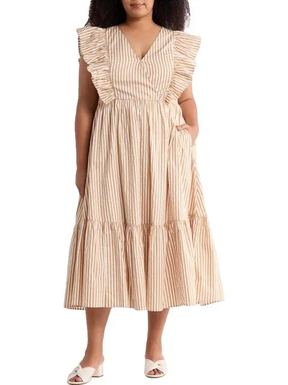 SUGARLIPS Luna Striped Midi Dress - Taupe-mult