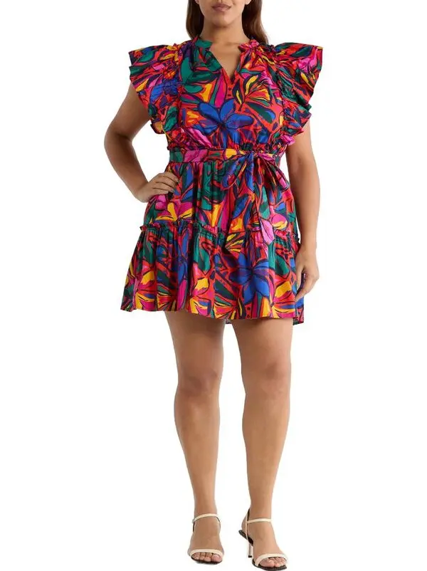 SUGARLIPS Rainbow Tropics Floral Ruffle Mini Dress - Red-multi