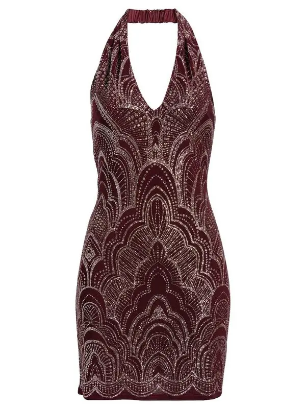JUMP APPAREL Glitter Slinky Halter Mini Dress - Wine/gold