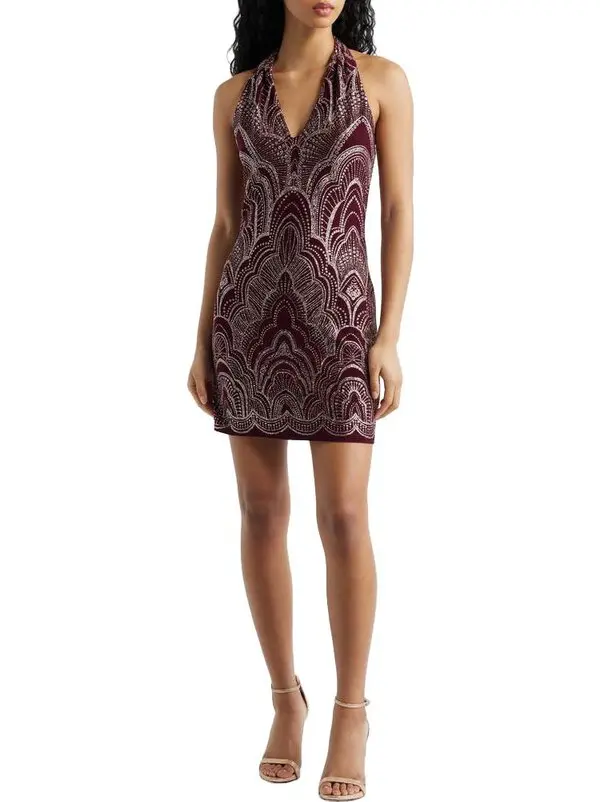 JUMP APPAREL Glitter Slinky Halter Mini Dress - Wine/gold