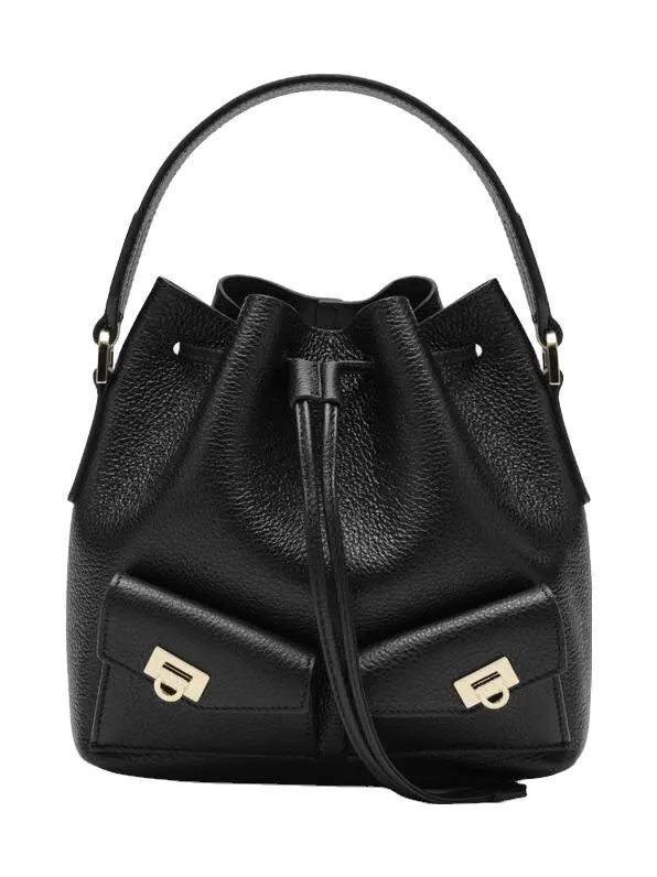 FERRAGAMO Multipocket Bucket Bag In Hammered Leather - Black