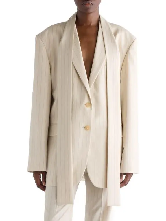 Acne Studios Pinstripe Wool Blazer With Scarf - Cream Beige