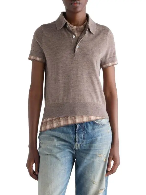 Acne Studios Layered Short Sleeve Wool Polo Sweater - Light Brown Melange