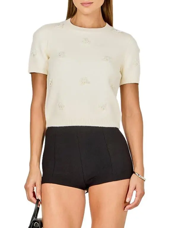 Endless Rose Faux Pearl Trim Short Sleeve Sweater - Cream