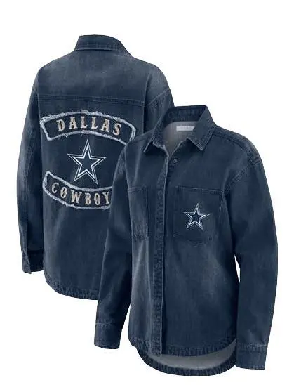 WEAR BY ERIN ANDREWS Dallas Cowboys Washed Oversized Full-snap Shacket By - Denim