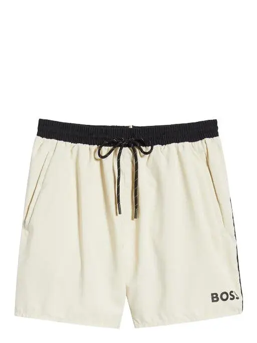 BOSS Starfish Graphic Logo Swim Trunks - Open White
