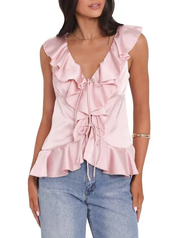PETAL & PUP Orelia Tie-front Ruffle Satin Top - Pink