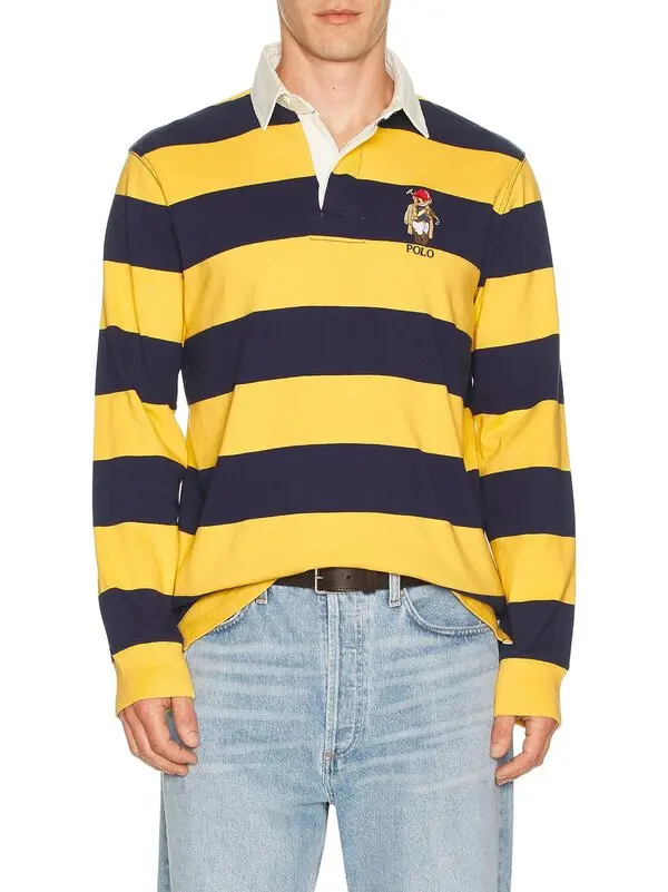 Polo Ralph Lauren Long Sleeve Jersey Knit Novelty Polo Society Bear Rugby Shirt In Navy,yellow - Newport Navy