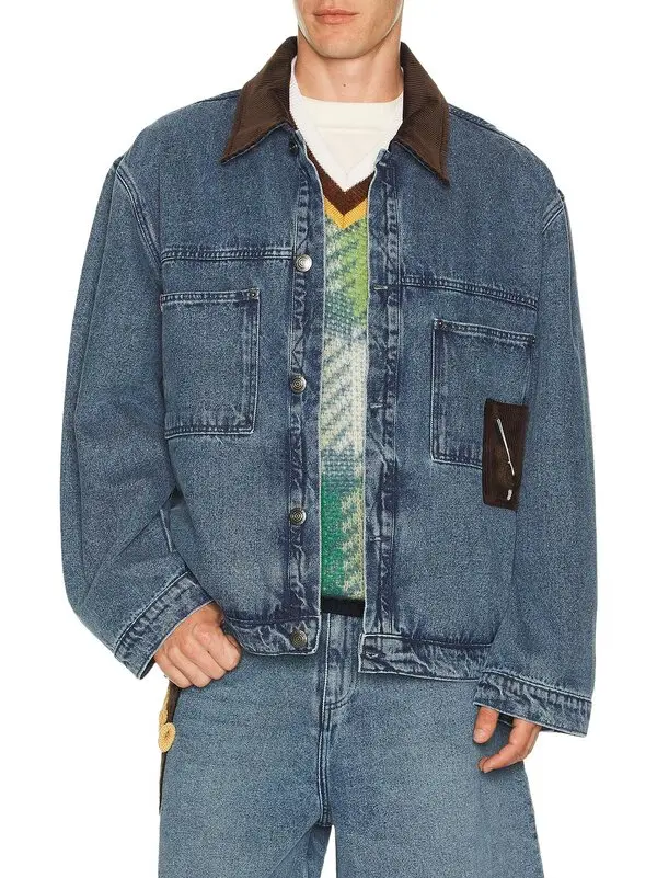 CHARLES JEFFREY Denim Jacket With Corduroy Collar - Washed Denim