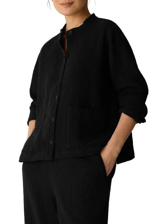 Eileen Fisher Mandarin Textured Organic Cotton Shirt Jacket - Black