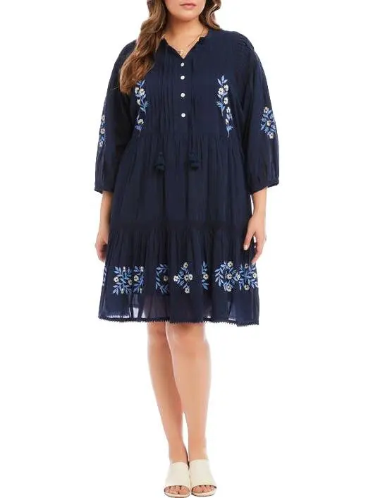 Karen Kane Floral Embroidered Tassel Cotton Dress - Navy