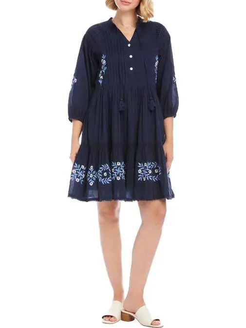 Karen Kane Floral Embroidered Cotton Tassel Dress - Navy