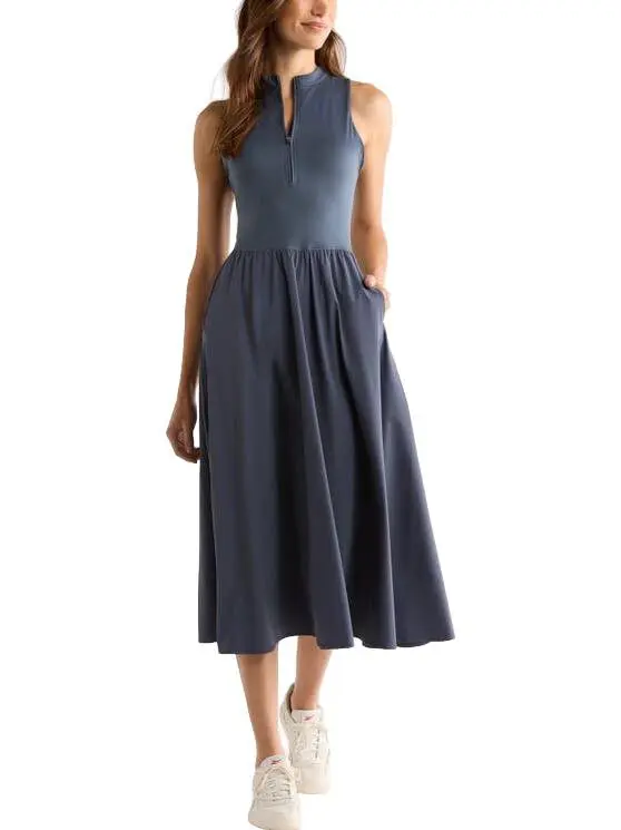 Zella Atlas Zip Front Sleeveless Midi Dress - Navy Armada