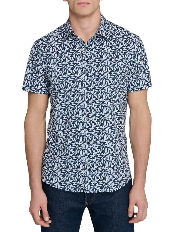 W.R.K Leaf Print Short Sleeve Performance Button-up Shirt - Navy