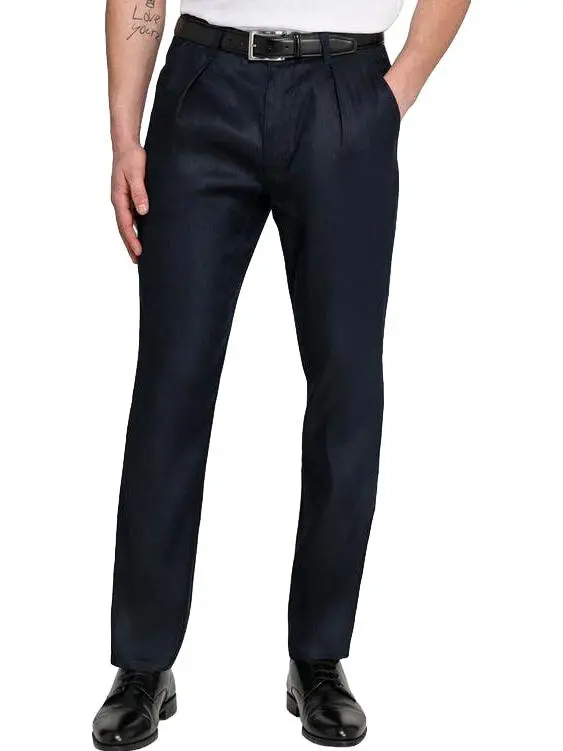 W.R.K Slim Fit Pleated Linen Blend Pants - Navy