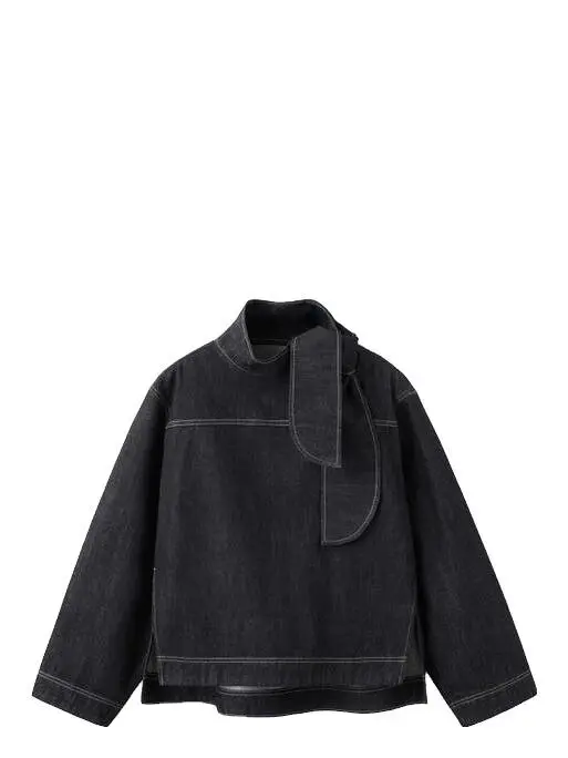 Mango Sila Tie-neck Denim Top - Black