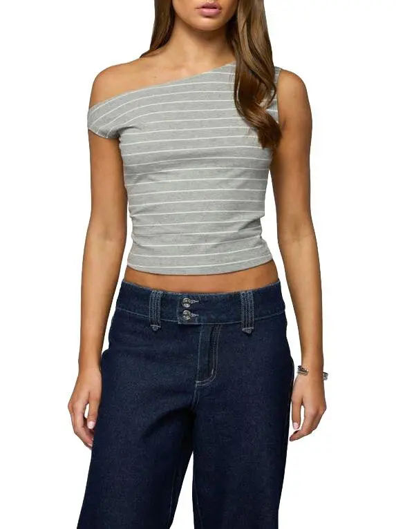 EDIKTED Keryn Stripe One-shoulder Top - Gray-and-white