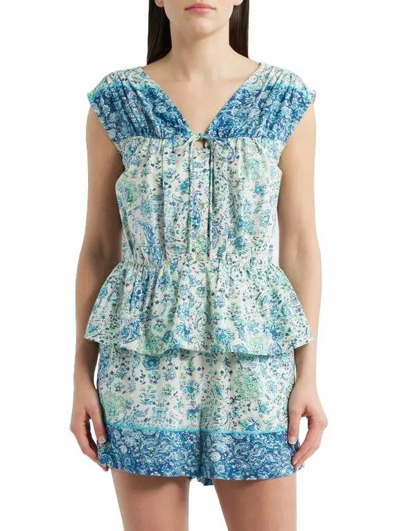 CITY BLUES Paisley Print Sleeveless Peplum Shirt - Cadet Blue/blue Grotto