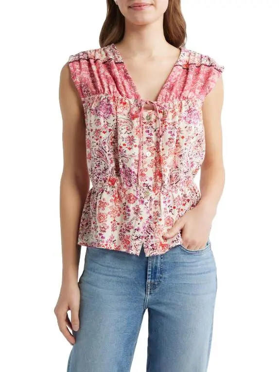 CITY BLUES Paisley Print Sleeveless Peplum Shirt - Red/bright Rose
