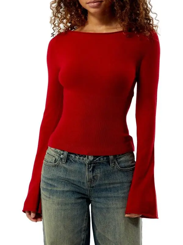 PACSUN Wide Neck Bell Sleeve Knit Top - Red