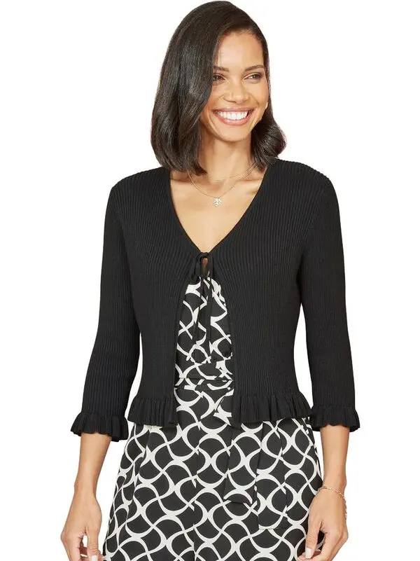 YUMI Tie Front Ribbed Cardigan With Frilled Hem - Black
