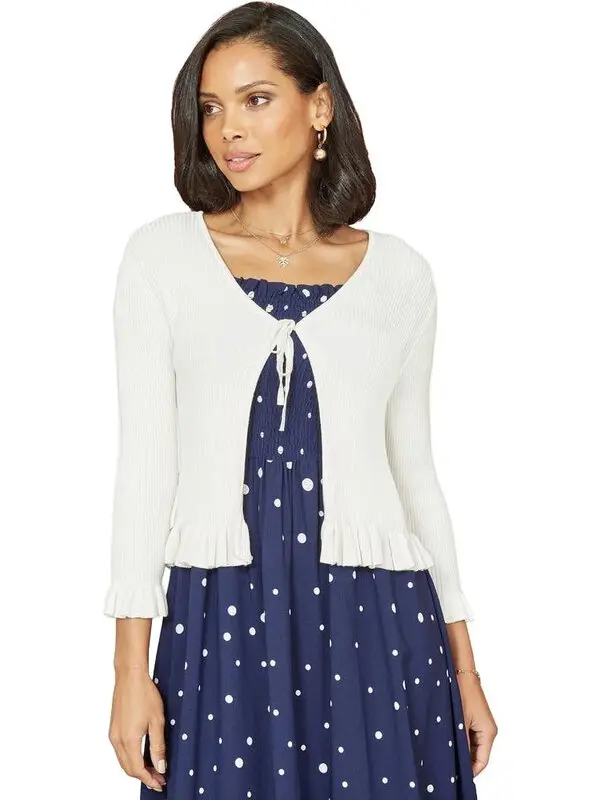 YUMI Tie Front Ribbed Cardigan With Frilled Hem - Ivory