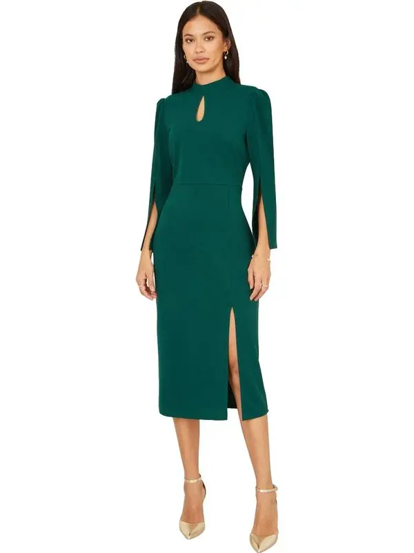 YUMI Mock Neck Keyhole Midi Dress - Green