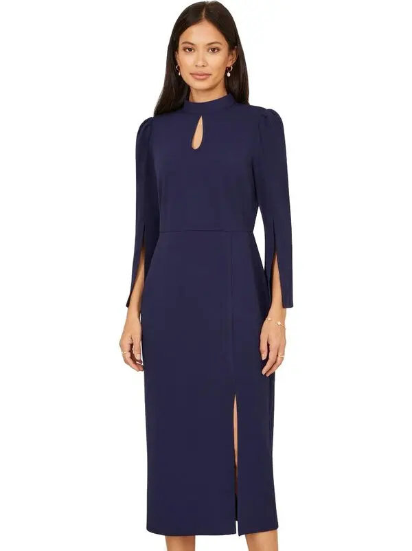 YUMI Mock Neck Keyhole Midi Dress - Navy