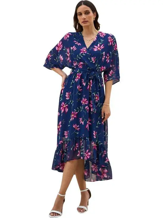 YUMI Floral Kimono Wrap Midi Dress Dipped Hem - Navy