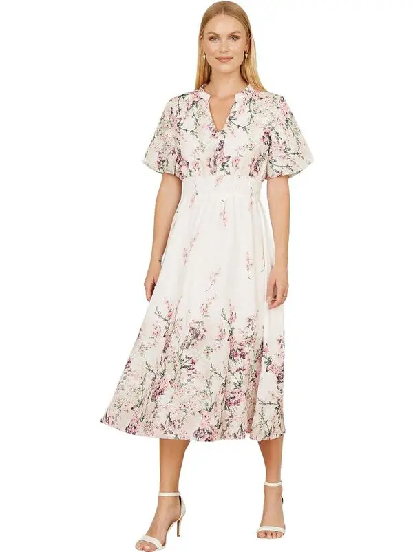 YUMI Floral Print Button-up Midi Dress - Ivory