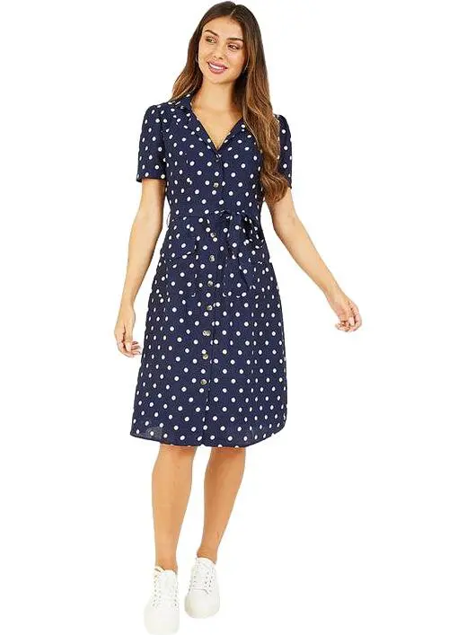 YUMI Polka Dot Shirt Dress - Navy