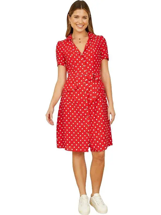 YUMI Polka Dot Shirt Dress - Red