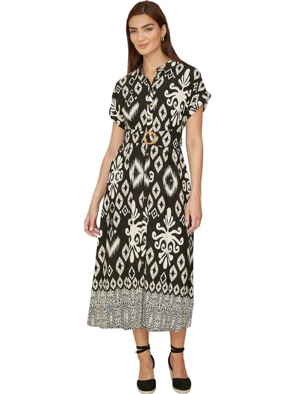 YUMI Geo Print Relaxed Midi Shirt Dress - Black