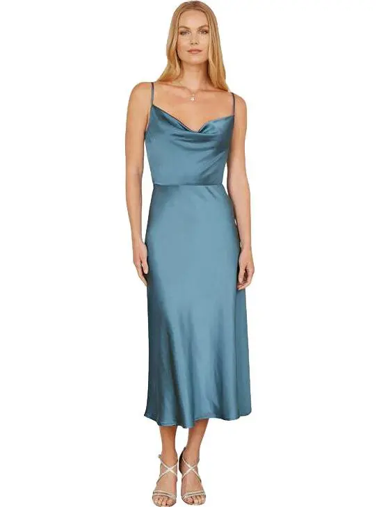 YUMI Satin Cowl Neck Midi Dress - Blue