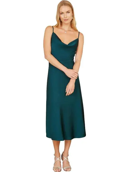 YUMI Satin Cowl Neck Midi Dress - Green