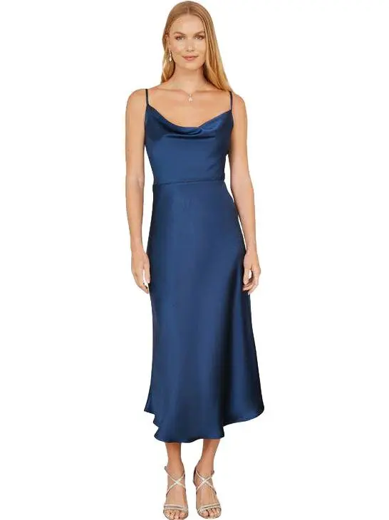 YUMI Satin Cowl Neck Midi Dress - Navy