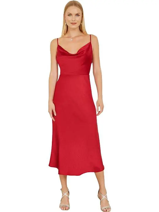 YUMI Satin Cowl Neck Midi Dress - Red