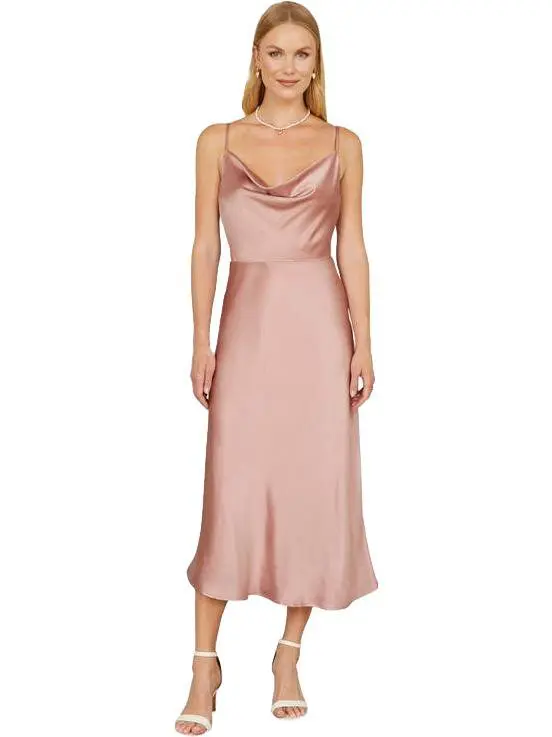 YUMI Satin Cowl Neck Midi Dress - Rose Pink