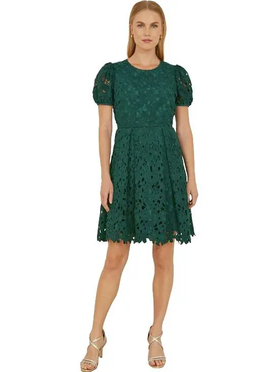 YUMI Lace Puff Sleeve Fit & Flare Mini Dress - Green
