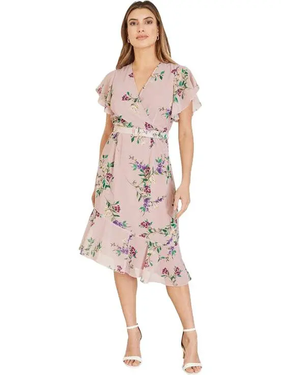 YUMI Printed Midi Wrap Dress With Belt - Pink