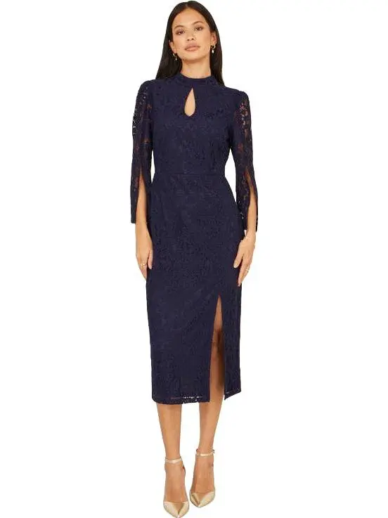 YUMI Lace Fitted Midi Dress - Navy