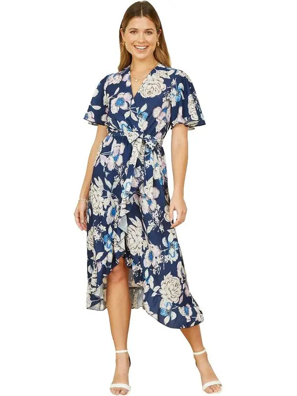 YUMI Floral Midi Wrap Dress - Navy