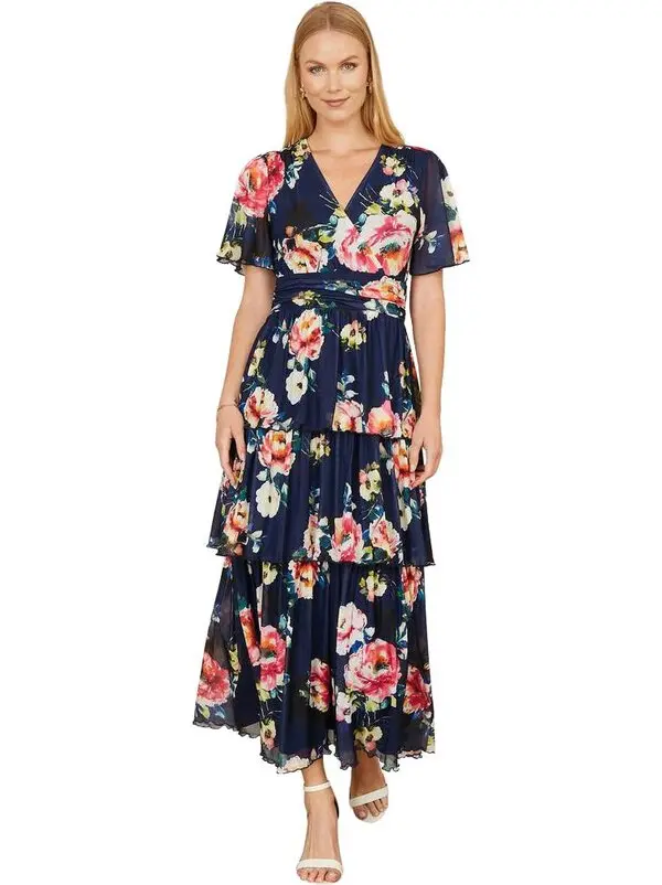 YUMI Mesh V-neck Tiered Maxi Dress With Ruffled Skirt - Navy