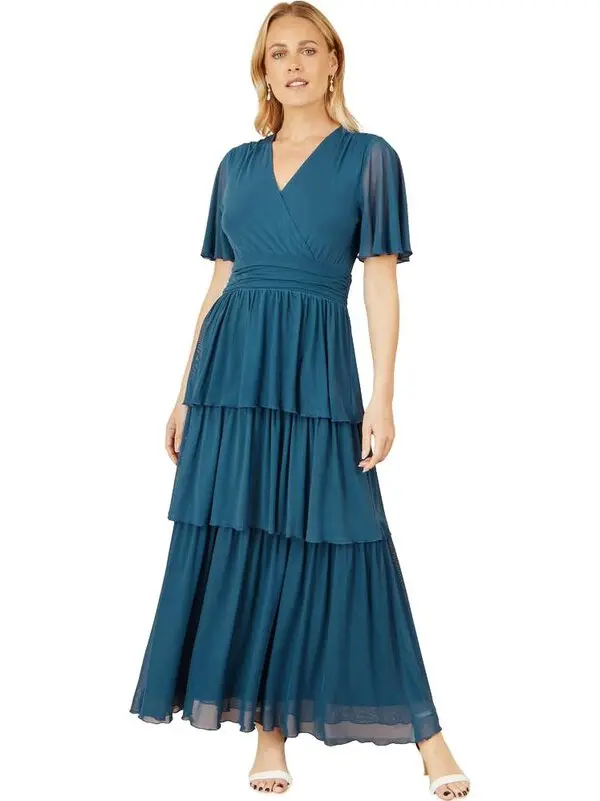 YUMI Mesh V-neck Tiered Maxi Dress With Ruffled Skirt - Teal