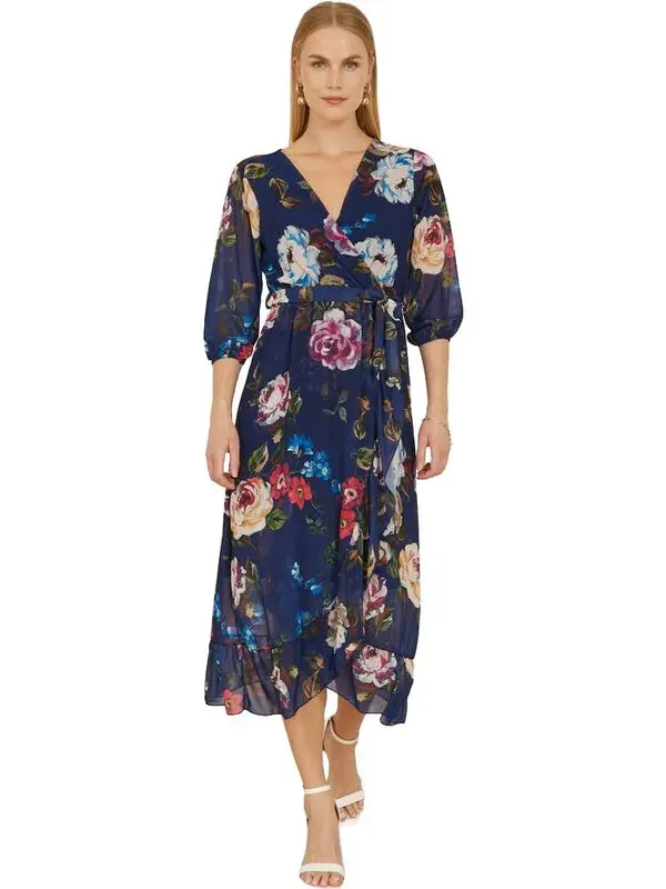 YUMI Watercolour Dip Hem Midi Wrap Dress - Navy