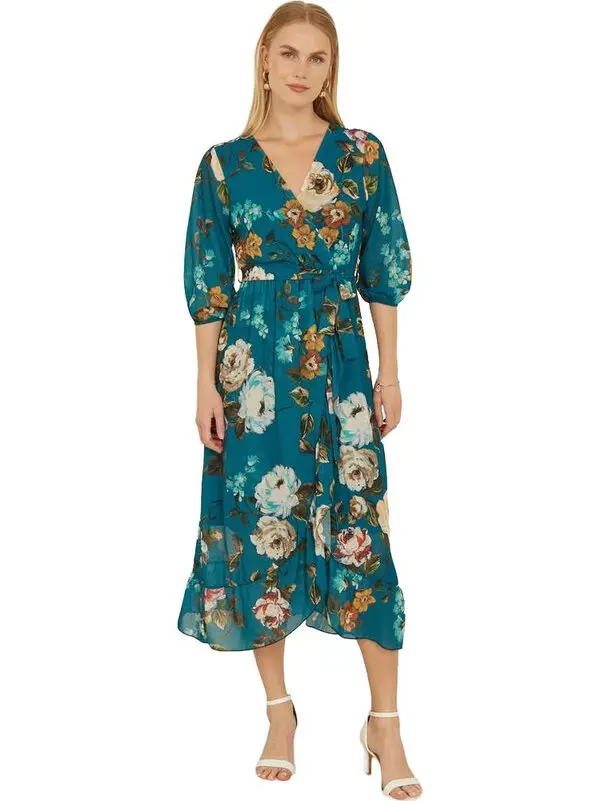 YUMI Watercolour Dip Hem Midi Wrap Dress - Teal