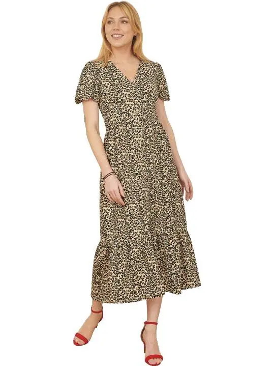 YUMI Pleated Button Through Midi Dress - Brown