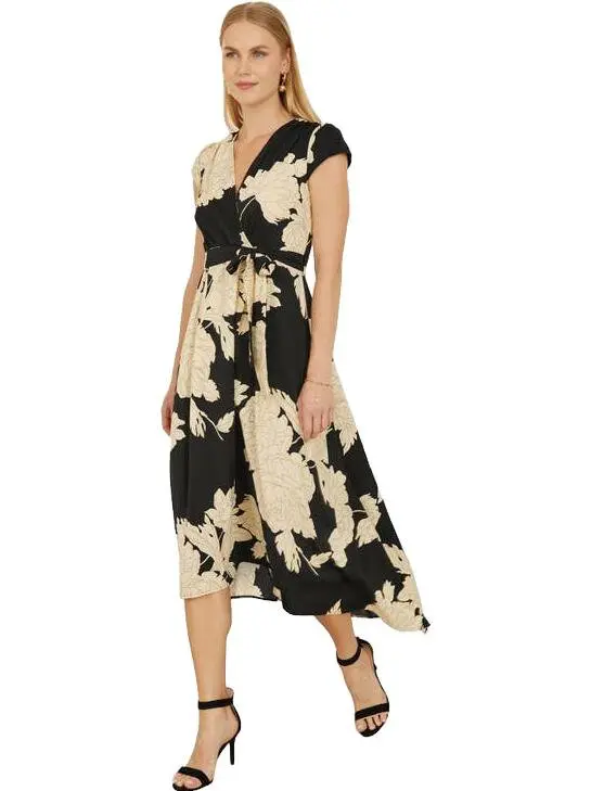 YUMI Blossom Print Dipped Hem Wrap Midi Dress - Black